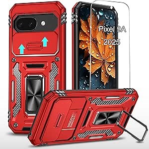 ELECWAY for Google Pixel 9a Case 6.3 inch 2025, with Tempered Screen Glass Protector, Military Grade Drop Proof Hard Back Case with Rotating Stand Slide Camera Cover Protector (Red)