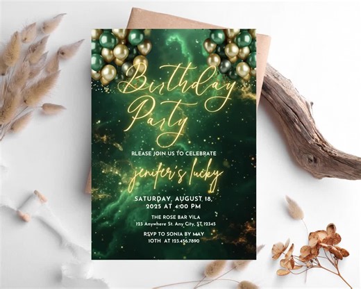 Green & Gold Birthday Invitation: Glitter Balloons (editable Canva Template) - Etsy