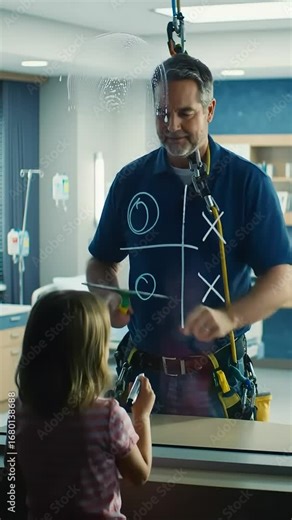 A young girl in a hospital plays tic-tac-toe with a window washer, who uses his squeegee to make moves before wiping the glass clean, a heartwarming reset
