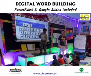 This interactive word-building resource is a digital resource for interactive phonics and word-building lessons. These files help students practice blending, decoding, writing, and spelling words using Google Slides and PowerPoint. Learn More: TKS - https://bit.ly/DigitalWordBuildingTKS TPT - https://bit.ly/DigitalWordBuildingTPT #scienceofreading #kindergarten #teacherspayteachers #tksstore #kindergartensmorgasboard | Kindergarten Smorgasboard