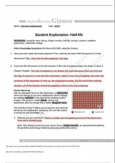 Half life Gizmo REVISED ANSWERS ALL CORRECT