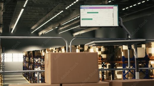 Industrial warehouse with empty platform and computer showing shipment tracking, software interface includes AWB numbers for parcel status updates. Order fulfillment details, cargo distribution.