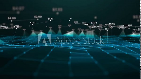 Financial business intelligence data chart and graph dashboard making Future AI tech machine learning, face outline circuit board, and binary data flow on blue Loop background.