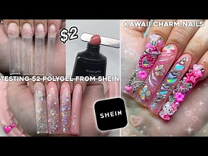 TESTING $2 POLYGEL FROM SHEIN✨ EXTRA LONG POLYGEL NAILS & KAWAII CHARMS DESIGN! | Nail Tutorial