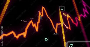 Rising and falling stock market graph with environmental icons animation