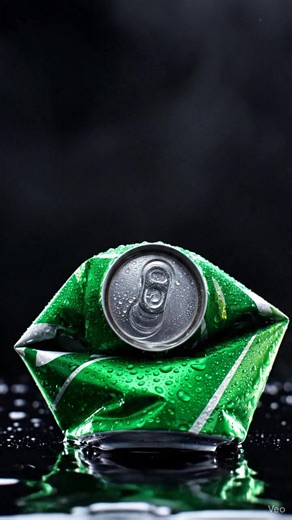Prompt A cold Sprite can stands upright on a wet, dark surface, covered in water droplets, cinematic lighting from above and soft rim light behind. Suddenly, the can implodes from the inside out, crumpling inward with a violent metallic crunch, as if a sudden vacuum formed within. The aluminum twists and folds chaotically in ultra-detailed motion. Water splashes outwards from the collapsing structure. All of this happens in slow-motion for dramatic effect. No hands, no external force — just an i