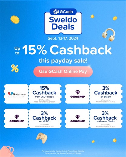 2.5K views · 1.9K reactions | Face your payday with a game face on! Top up and enjoy up to 15% cashback! Just use GCash Online Pay on your Codashop and Findshare purchases!  Supervised by the Bangko Sentral ng Pilipinas Chat with Gigi inside the GCash app or visit the Help Center to learn more. | GCash | Facebook