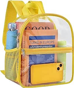 Paxiland Clear Backpack Stadium Approved 12×12×6 with Reinforced and Wider Shoulder Straps, Small Clear Bag for Schools, Concerts, Work, Festivals and Sporting Events - Yellow