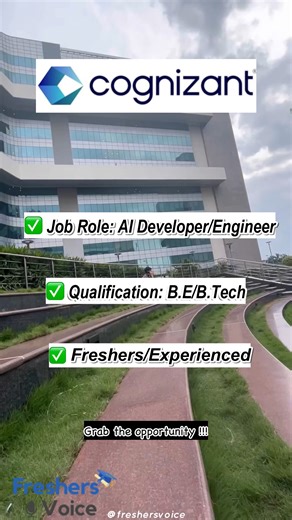 Freshersvoice.com | Job Alerts on Instagram: "🚀 Cognizant Recruitment 2026 🚀 💻 Role: AI Developer / Engineer 🎓 Qualification: B.E / B.Tech An exciting opportunity for engineering graduates to build a career in Artificial Intelligence with Cognizant. Apply online at the earliest! ⚠️ Disclaimer: This post is for informational purposes only. Job details, eligibility, and timelines may change. Please verify from Cognizant’s official careers page before applying. #Cognizant #CognizantHiring #AIJo