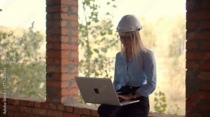 Designer On Construction Site.Builder Contractor Specialist Read Plan Scheme.Civil Engineer Checking Construction.Real Estate Building Project Manager.Woman Architect In Helmet Inspecting Building.