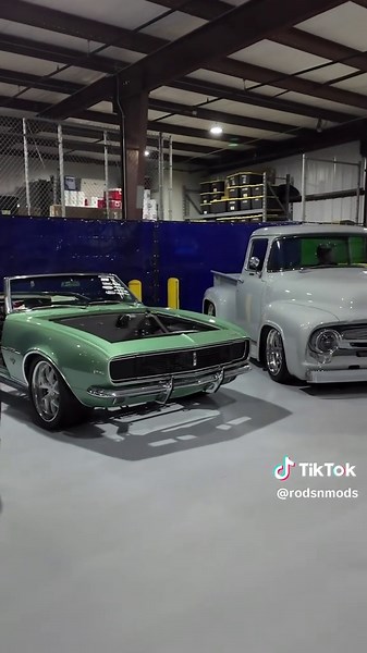 The Rod’s N Mod’s trifecta! Our shop floor is looking right with this dream lineup of custom build’s! #cartok #ford #chevy #trucks #camaro