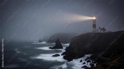 Dramatic lighthouse beam pierces through thick fog over stormy seas on rocky cliffs