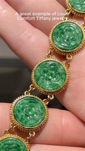 Neil Lane on Instagram: "A great example of early Louis Comfort Tiffany jewelry (c. 1915–1918): antique carved jadeite discs from China, thoughtfully repurposed into something artistic, wearable, and utterly timeless—finished with antique-inspired gold wirework and filigree-like detail that nods to jewelry of antiquity. Similar designs are listed in Tiffany & Co.’s early 20th-century Blue Book catalogues."