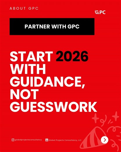 The strongest organizations don’t wait for growth they plan for it. GPC is here to help you build the systems, clarity, and structure needed for a successful 2026. 🚀 🌐 Making your strategic projects our priority. #BusinessConsulting #StrategicSupport #GrowthMindset #ProfessionalDevelopment #GPC | Global Projects Consultancy, LLC
