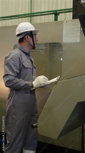 An Asian male engineer/foreman responsible for operating automatic machinery and inspecting metal cutting machines and automotive parts in an automotive parts manufacturing plant.
