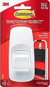 Command 7.5 lb Jumbo Utility Hook, 1 Wall Hook and 4 Strips, Damage-Free Hanger with Adhesive, No Tools for Hanging, Organization and Storage