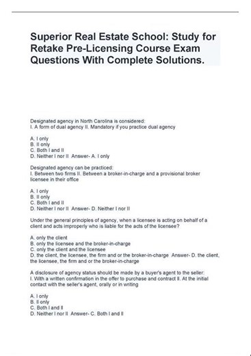 Superior Real Estate School; Study for Retake Pre Licensing Course Exam Questions With Complete Solu