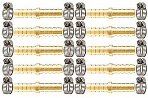 Brass Hose Barb Fitting 3/8" (10mm) Barb Splicer Mender with Stainless Steel Pipe Clamps air hose repair kit for Pipe Line/Fuel/Air (Pack of 10) (3/8'' (10mm))