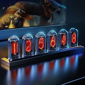MOSHOU Nixie Tube Clock, RGB Glow Tube Clock with 5 IPS Color Screens, Customized Electronic Album, New Weather Mode, Desktop Digital Clock Decoration Gift (Regular Black)
