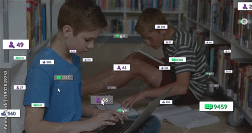 Two boys studying on laptop tablet in library causing chat bubbles likes badges growing then fading