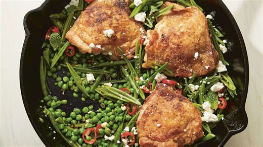 Make Ali Slagle's pasta puttanesca and chicken thighs with peas and pickled chiles