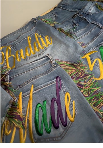 THE FIRST BATCH IS OTW GIRLIES! 💜💛💚 Thank yall for the support and trusting me with your Mardi Gras customs. Can’t wait to see yall put the fits together another year! 😆 #embroidery #customembroidery #mardigras #mardigrasoutfit #mardigras2026