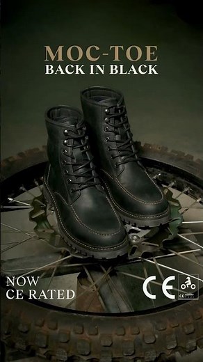 Our Moc-Toe boots return in black, now officially CE-rated for motorcycle safety.