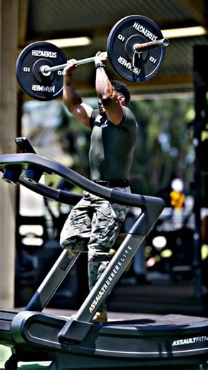 Beast Mode Activated: Barbell Overhead Run on Assault Runner Elite | Military Combat Cardio#shorts