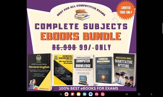 JKSSB Updates on Instagram: "Stop scrolling, JKSSB Aspirants! 🛑 Your ENTIRE exam preparation package is here! Get our 5-in-1 Complete Subjects eBooks Bundle and smash your goals. 🎯 What You Get: 📚 General English 📚 General Awareness (10,000+ MCQs!) 📚 Computer Knowledge 📚 Logical Reasoning 📚 Quantitative Aptitude Everything you need, based on the latest exam pattern, for just ₹99! 🤯 ⚠️ This is a LIMITED TIME OFFER! Don't let it disappear. 👇 Tap the LINK IN BIO to download your bundle ins