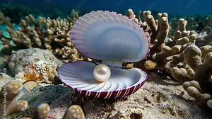 Close up of an open shell in which one pearl in it at the bottom of the ocean