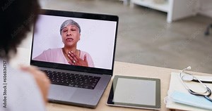 Woman, doctor and laptop in video call for Telehealth, consulting or online meeting with patient. Female medical professional talking to customer in virtual communication on computer in consultation