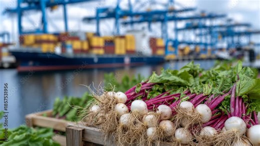129Close-up dockside scene of vegetables packed for export, textures of leaves and roots sharply visible, port cranes and cargo ship out of focus behind, international logistics symbo