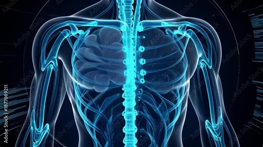 Human Upper Body Skeleton and Organs X Ray View. Detailed 3D visualization of human upper body anatomy showing skeleton and internal organs in transparent x ray style.