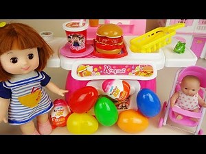 Baby doll Hamburger kitchen and Surprise eggs Kinder joy toys play