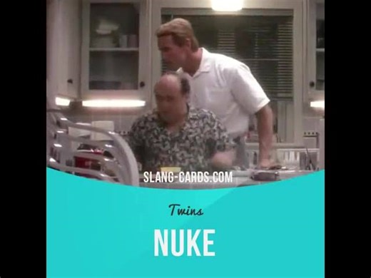 "Nuke" means to heat or cook something in a microwave oven. Usage in a movie ("Twins"): - I know you're probably used to growing your own vegetables and spearing fish on the lagoon, but here on the mainland we just nuke it. That's it. Get our apps for learning English: learzing.com #slang #saying #sayings #phrase #phrases #expression #expressions #english #englishlanguage #learnenglish #studyenglish #language #vocabulary #dictionary #grammar #efl #esl #tesl #tefl #toefl #ielts #toeic #englishlea