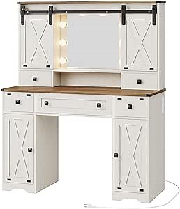 Hasuit Farmhouse Vanity Desk with Mirror and Lights, White Makeup Dressing Table with Charging Station, Rustic Vanity Mirror with Sliding Barn Door, Vanity Table with 3 Lighting Modes Adjustable