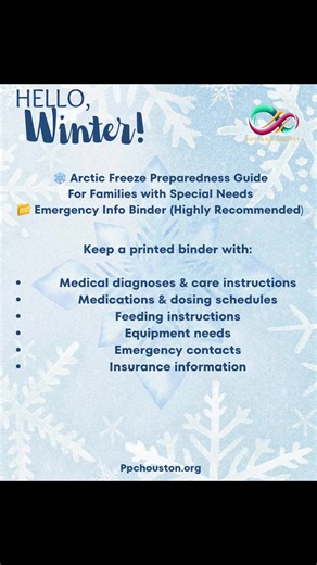 Emergency Info Binder (Should always be in arms reach in any disaster) Makeup sure all information is up-to-date. Don't wait until the last minute to prepare. If you don't have one in place we encourage you to join our Workshops to help prepare you for the unexpected. Next Educational Workshop is Saturday February 7, 2026 Safety Workshop July 11, 2026 Fire Station 11 (Cypress, Texas) #specialneeds #texasfreeze #sensory #arcticfreeze #ppchouston
