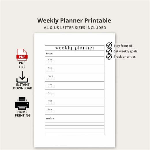 Weekly Focus Planner PDF • One Page Printable Goal Tracker • Minimalist Productivity Layout • Weekly Intentions Sheet • Instant Download - Etsy Australia