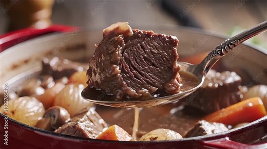 Hearty beef stew with tender chunks of meat and fresh vegetables in rich broth