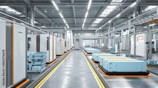 Electric vehicle battery manufacturing facility interior, modular battery units on conveyor system, uncluttered layout, soft shadows, professional technology, ev battery manufacturing