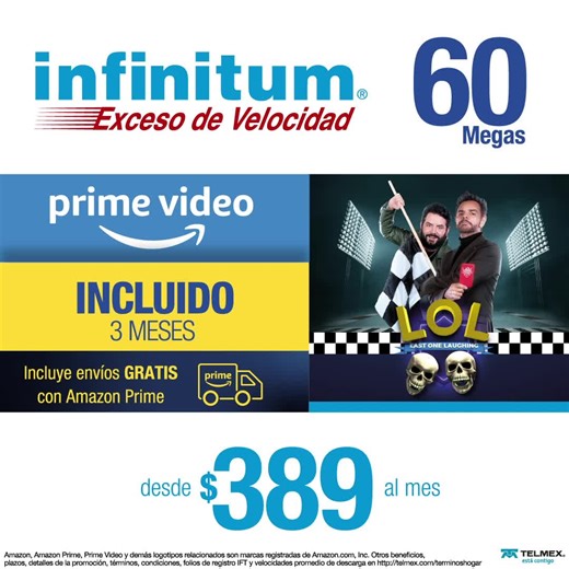 ¡No lo pienses más! Contrata Infinitum con 60 Mbps de velocidad 😯 para navegar en internet mientras disfrutas de series y películas con Prime Video incluido por tres meses en tu Paquete. 👏 Además envíos gratis con Amazon Prime 📦 | Infinitum