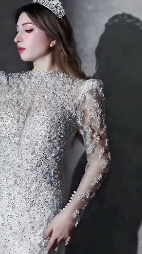 Stunning Mermaid Wedding Dress with Cathedral Train | Lace, Sparkle Beading & Puff Sleeves