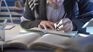Professional historian works with scientific books in his study, takes notes. Close-up of senior researcher man reading book, doing research in study room.