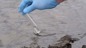 A water sample from the river. Hand in glove collects water in a test tube. ecology concept