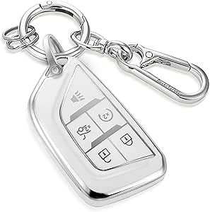 for Cadillac Key Fob Cover with Upgraded Anti loss Durable Metal Keychain, Fashionable Soft Case for Escalade ATS XT4/5/6 XTS CT5/6 ESV (5 Buttons) Key (Silver, B1)
