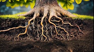Close-up of tree roots growing underground, symbolizing strength, growth, and nature, with vibrant green leaves and healthy soil structure.