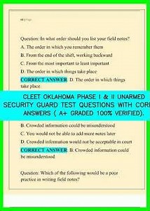 CLEET OKLAHOMA PHASE I & II UNARMED SECURITY GUARD TEST QUESTIONS WITH CORRECT ANSWERS A+ GRADED 10