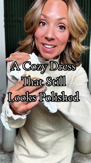 This sweater mini dress is one of those pieces that makes getting dressed so easy. It’s cozy, comfortable, and still looks polished without having to overthink your outfit. I’m 5’2”, 120 lbs, wearing a size small. This sweater dress does run large, so I recommend sizing down for the best fit. The loose fit makes it comfortable, but the mini length and lace trim keep it flattering and feminine. The beige color is extremely versatile and easy to style. You can wear this sweater mini dress with boo