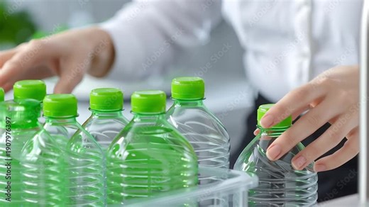 Hands sort and place clear plastic bottles into a bin, lifting, squeezing and rotating them as the row fills; close-up action shows recycling workflow in a clean indoor facility.