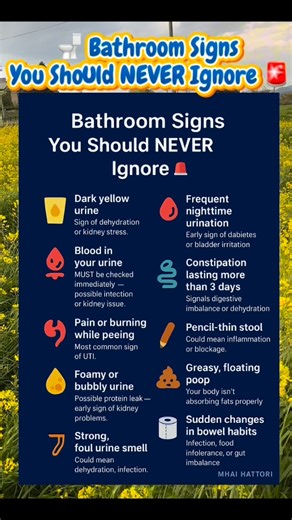 Listen to what your pee & poop are trying to tell you. 🚽💛 Save this for later, share to spread awareness! 💙✨ #HealthAwareness #BathroomSigns #ListenToYourBody #WellnessTipsDaily #GutHealthMatters | Mhai C. Hattori